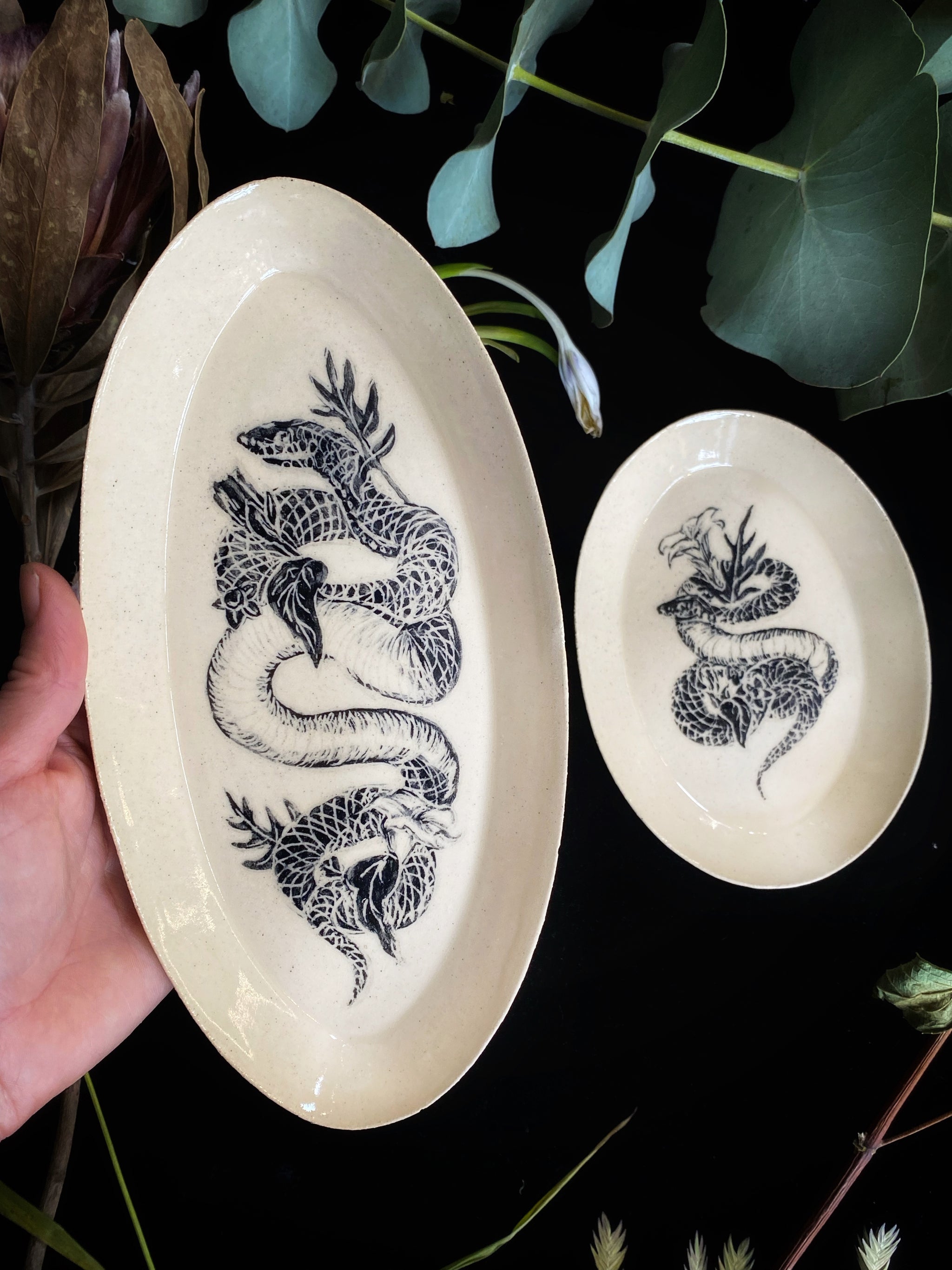 Black Sgraffito Snake and Poison Plant Ceramic Offering Plates